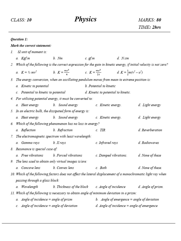 Class 10 Physics Exam Questions | PDF | Force | Light