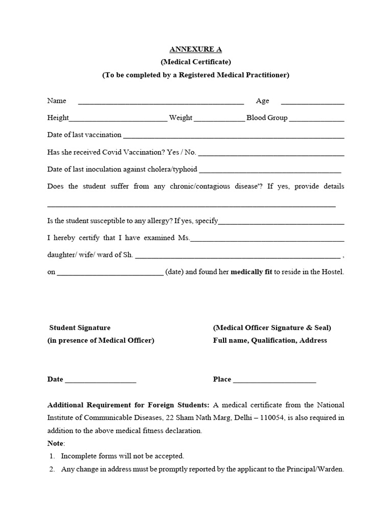 Annexure A Medical Certificate | PDF