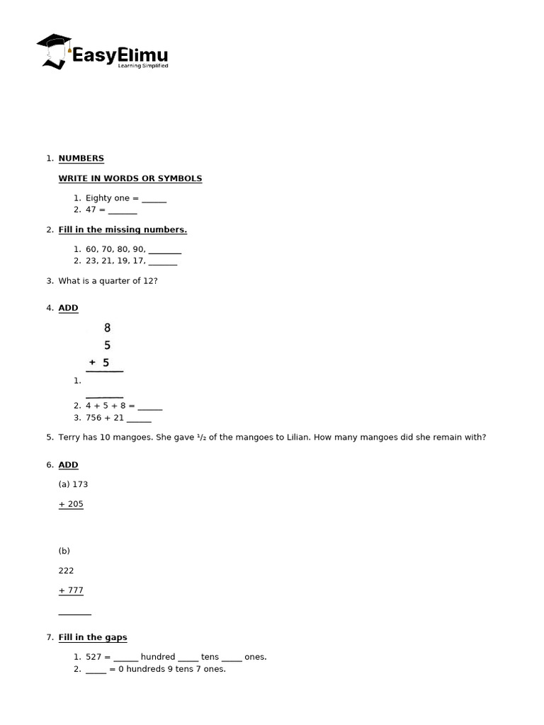 Mathematics Activities - Grade 3 Term 1 Opener Exam 2024 Set 1-83 | PDF