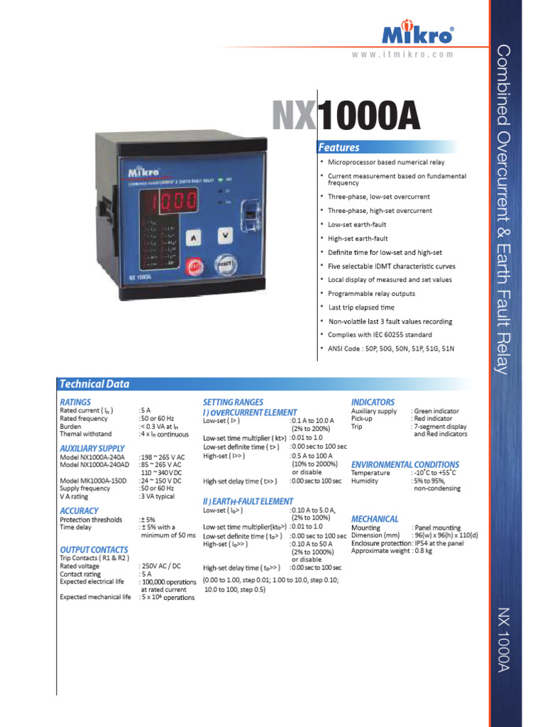 Mikro NX1000A Combined OC&EF Relay | PDF | Alternating Current | Relay