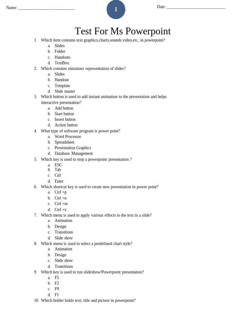 MS PowerPoint Assessment Test | PDF | Microsoft Power Point | Software