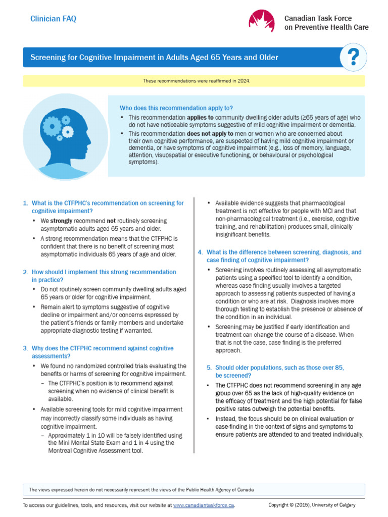 CTFPHC Guidelines on Cognitive Screening | PDF | Screening (Medicine ...
