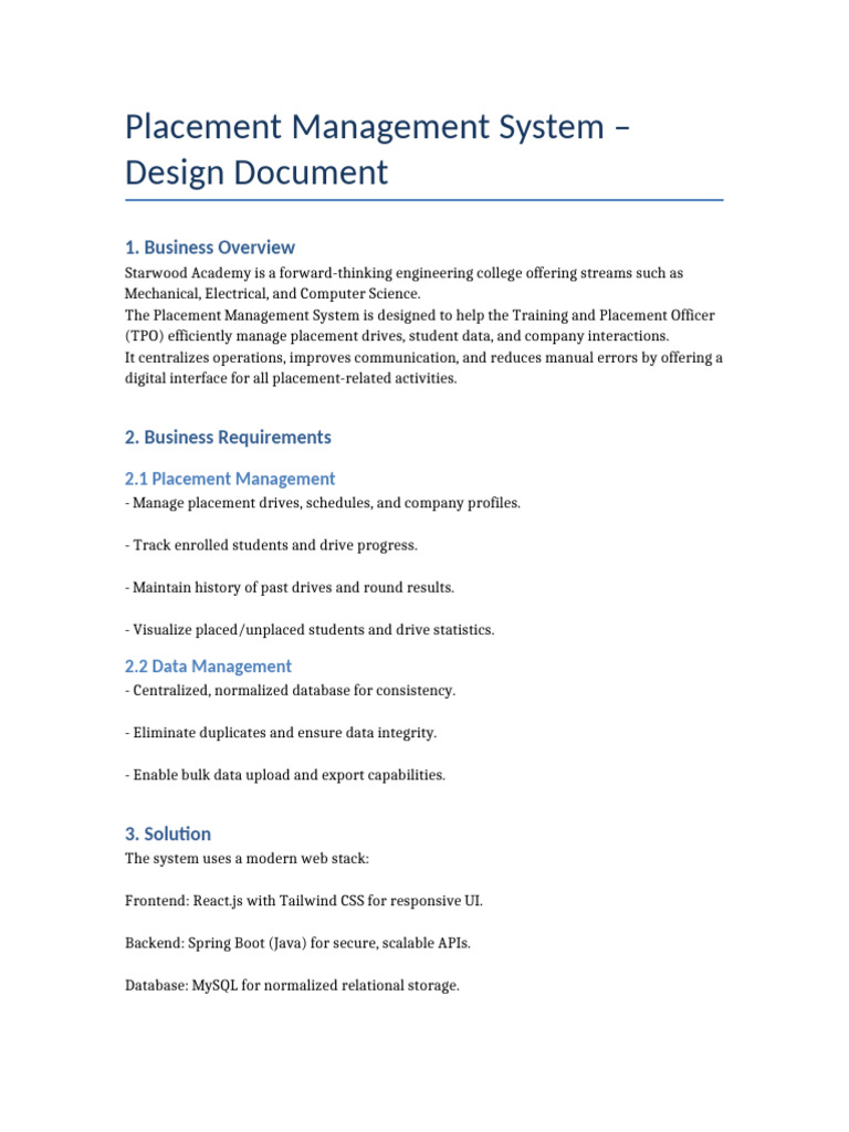 Placement Design Document Core Sections | PDF