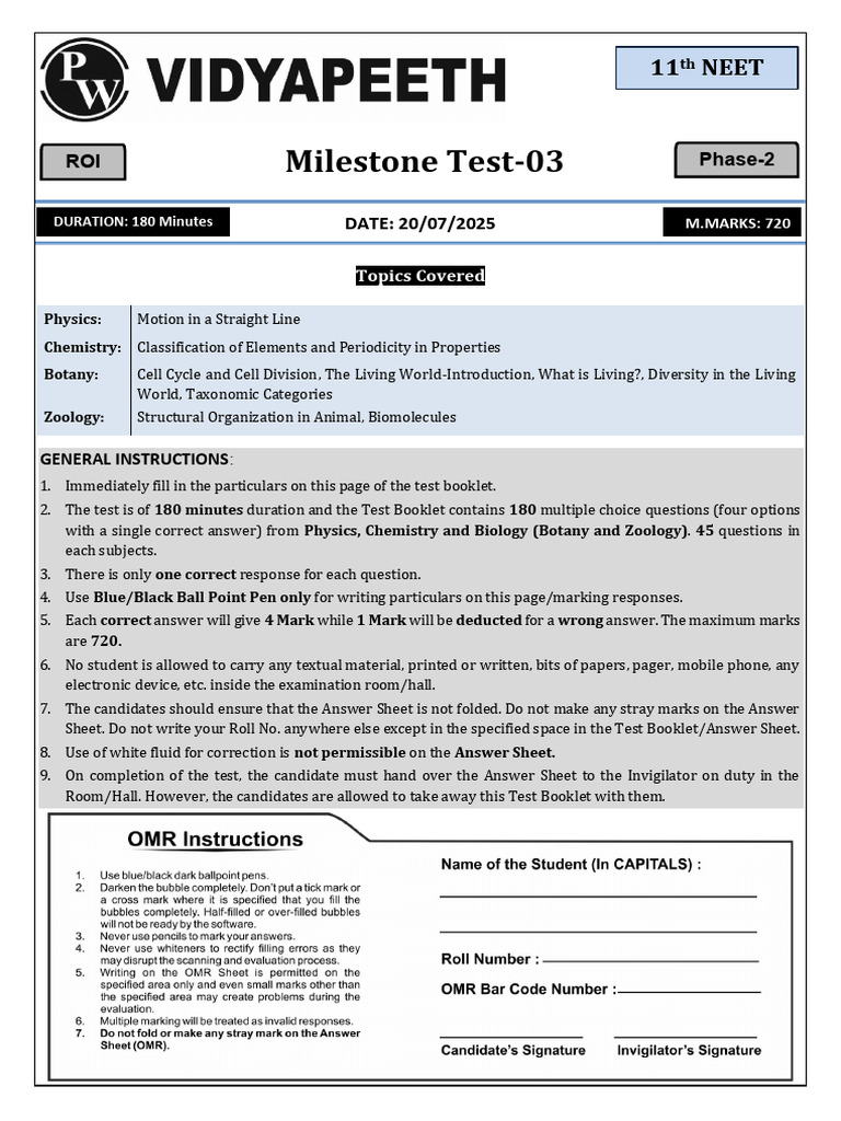 687de111834e4e1b9d755d1c ## Milestone Test 03 Test Paper & Answer | PDF ...