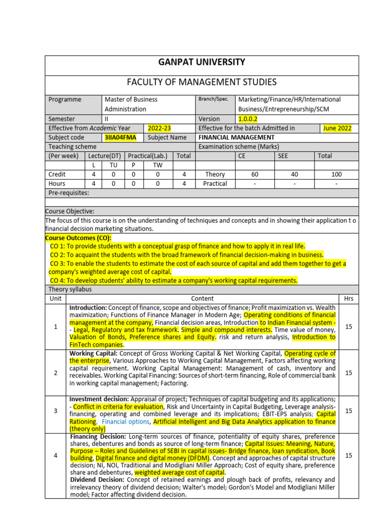 Financial Management MBA Course Overview | PDF | Financial Economics ...
