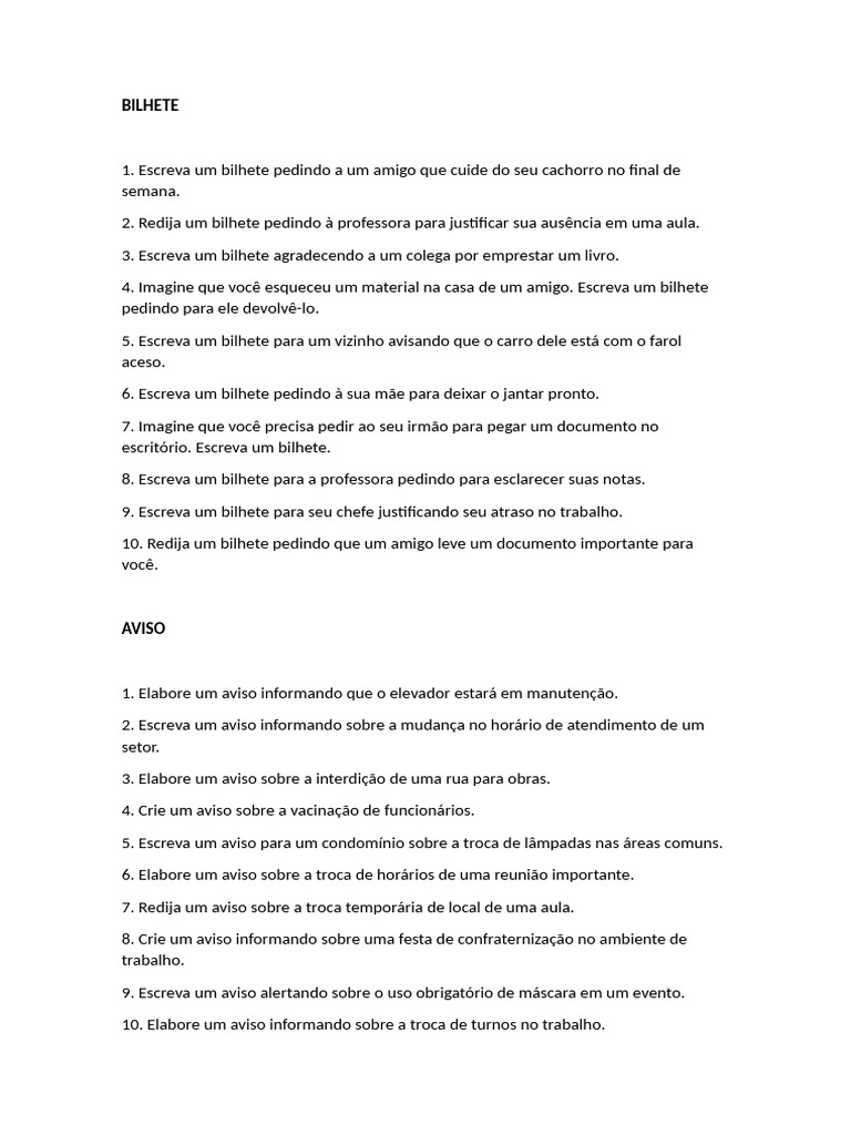 Exemplos de Bilhetes, Avisos e Recados | PDF