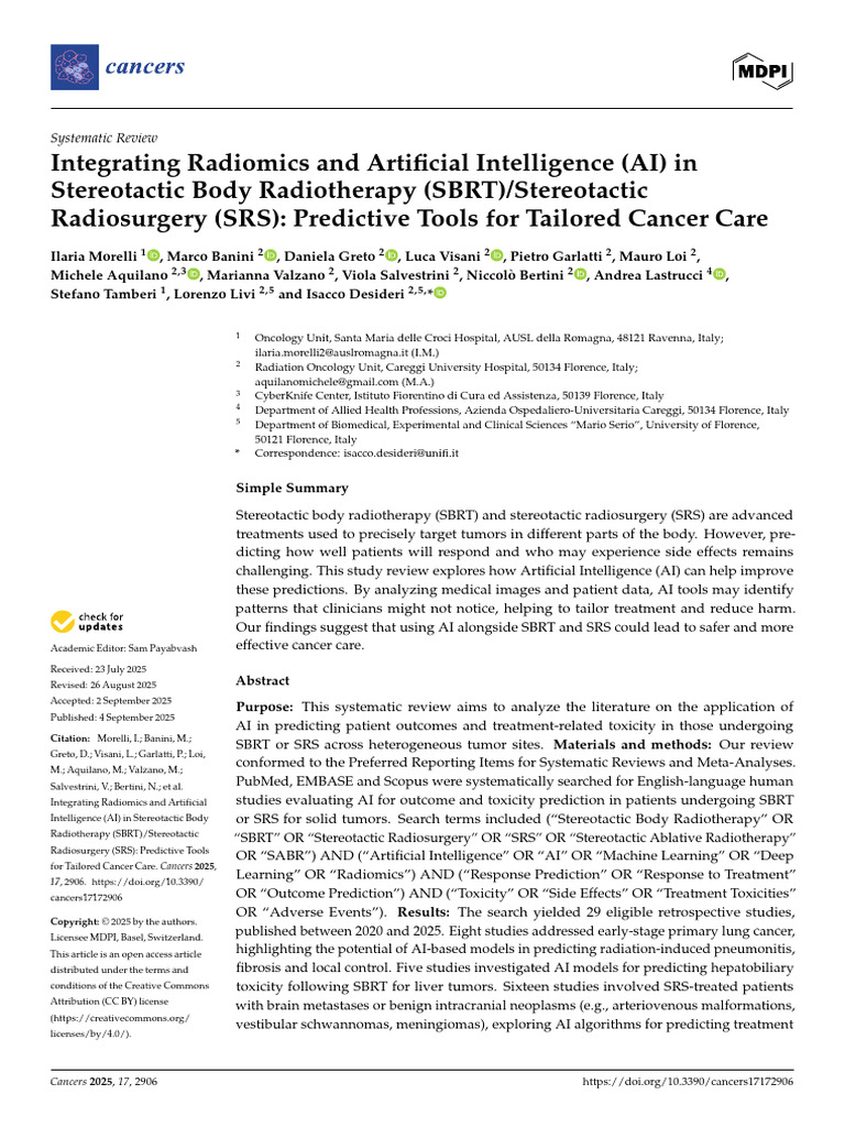 Integrating Radiomics and Artificial Intelligence (AI) in Stereotactic Body Radiotherapy (SBRT ...