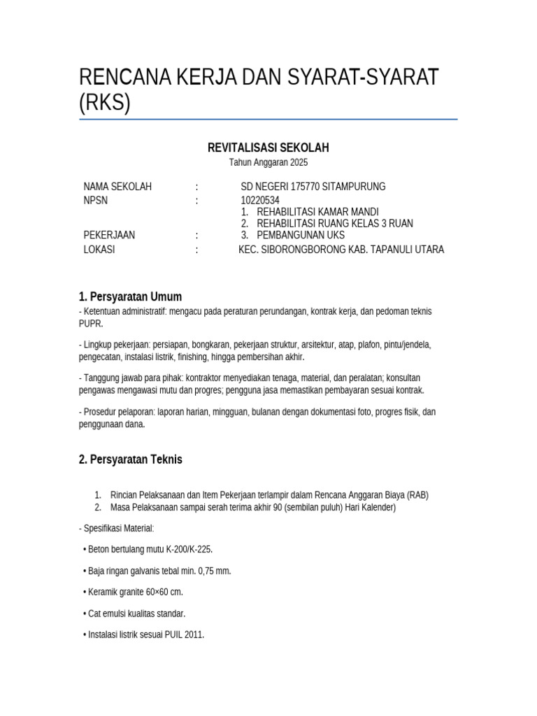 RKS Revitalisasi SD Negeri 175770 | PDF