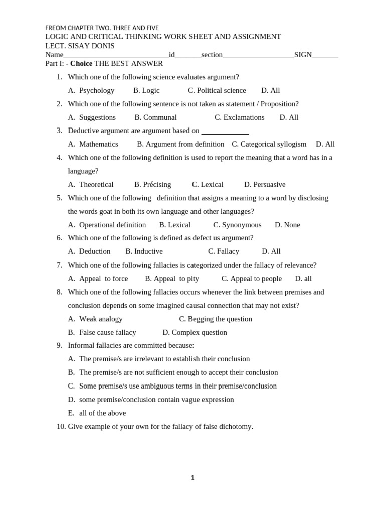 Logic and Critical Thinking Worksheet | PDF | Fallacy | Logic