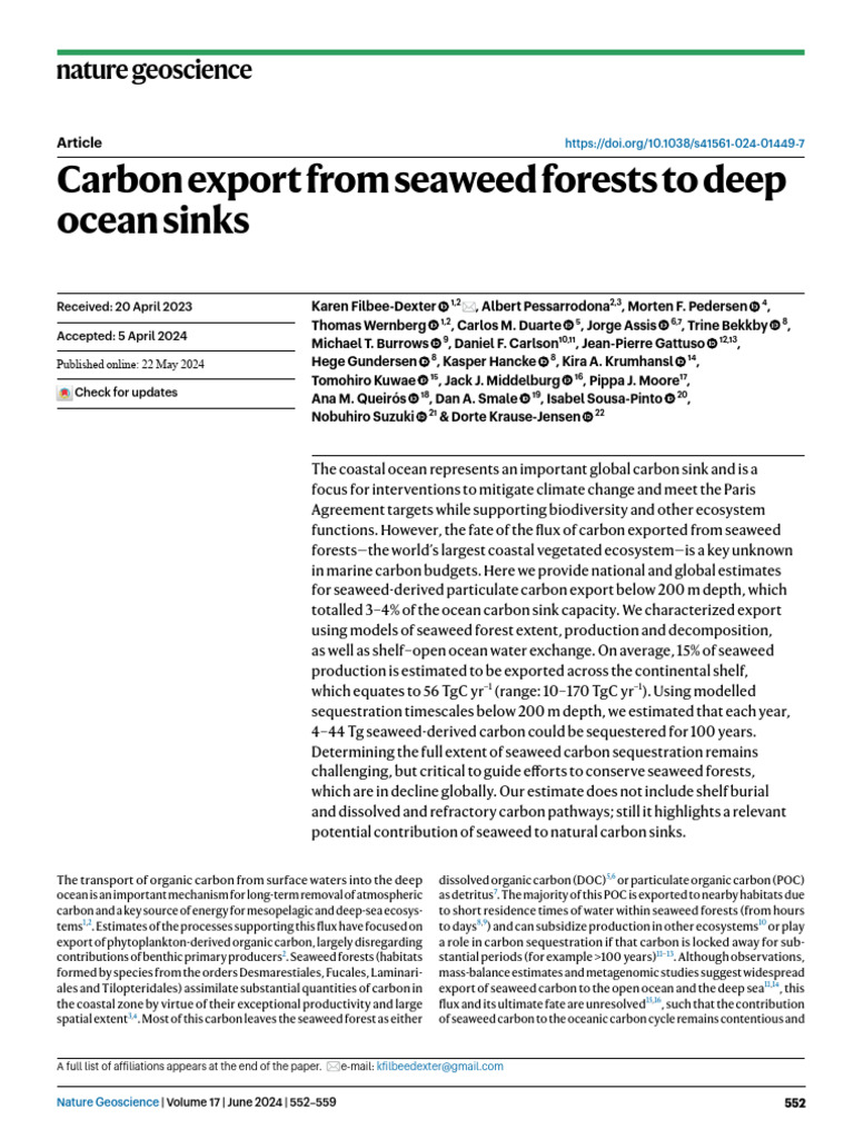 Carbon Export From Seaweed Forests to Deep Ocean Sinks | PDF | Carbon ...
