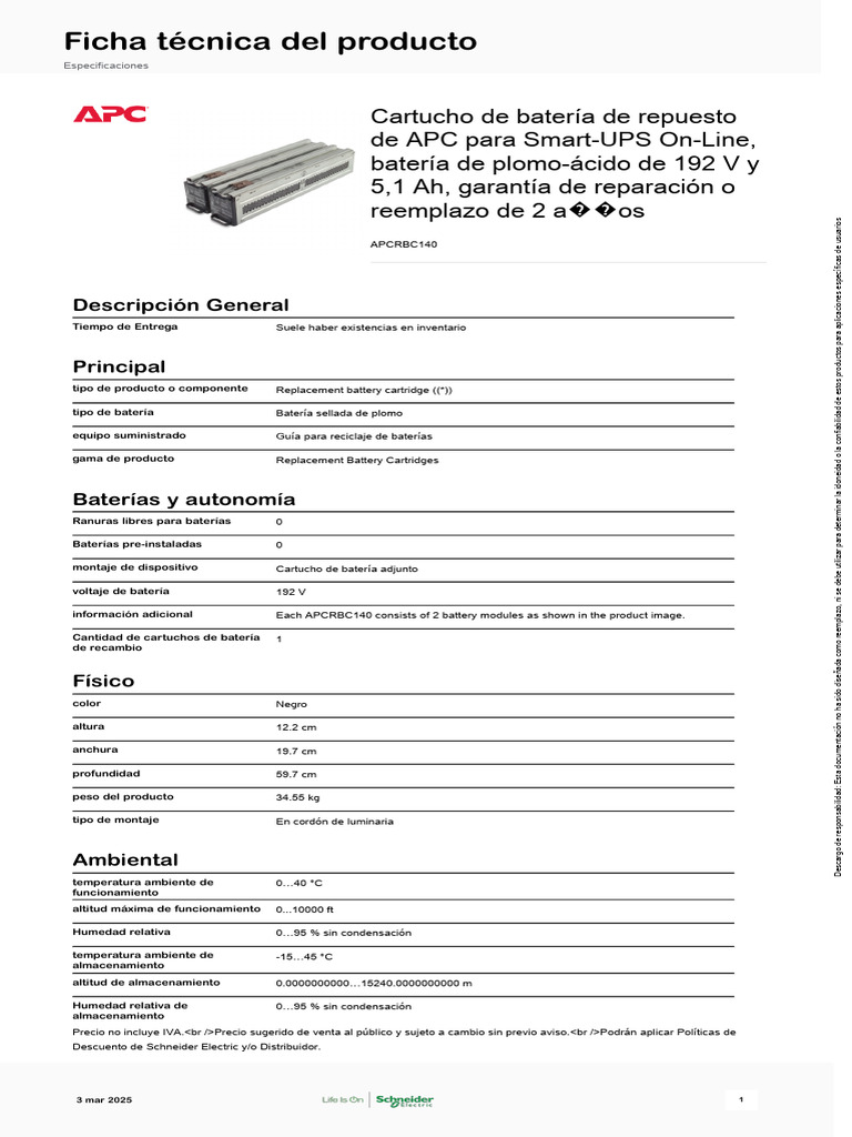 Schneider Electric - Baterías-De-Recambio - APCRBC140 | PDF