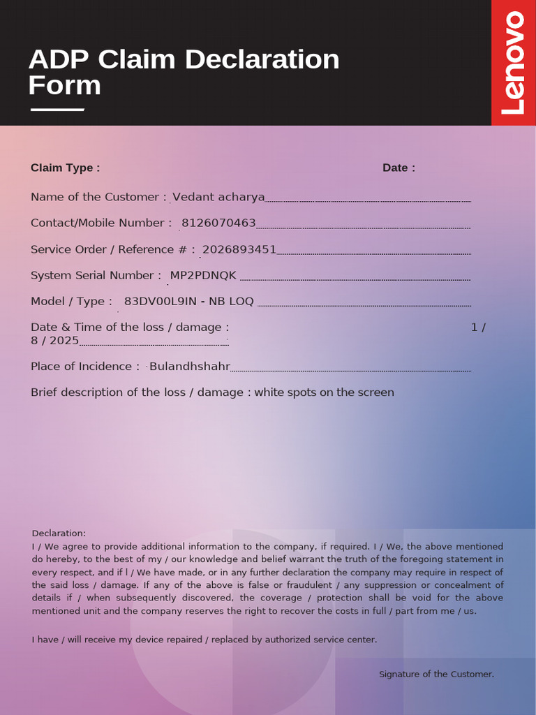 Lenovo ADP Claim Form 2 6 1 | PDF