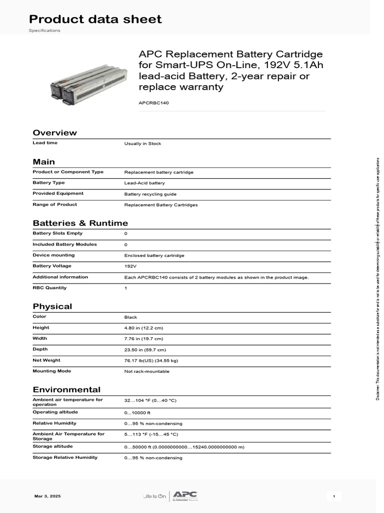 APCRBC140 Battery Cartridge Overview | PDF | Materials