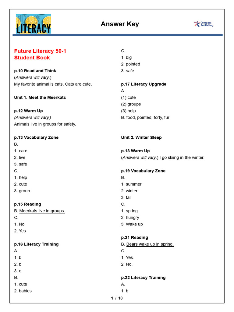 Future Literacy 50-1 Answer Key | PDF | Sleep | Human Tooth