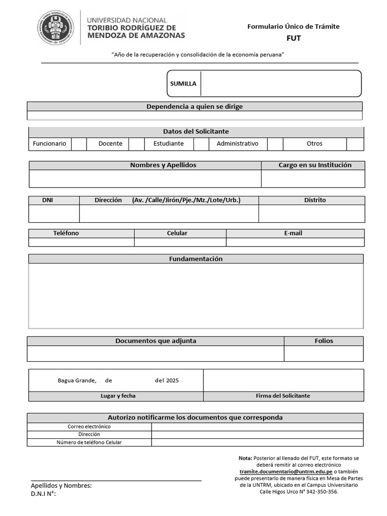 Formulario Único de Trámite UNTRM 2025 | PDF
