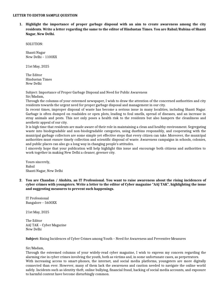 Letter To Editor and Enquiry Class X Sample Question 2025 | PDF ...