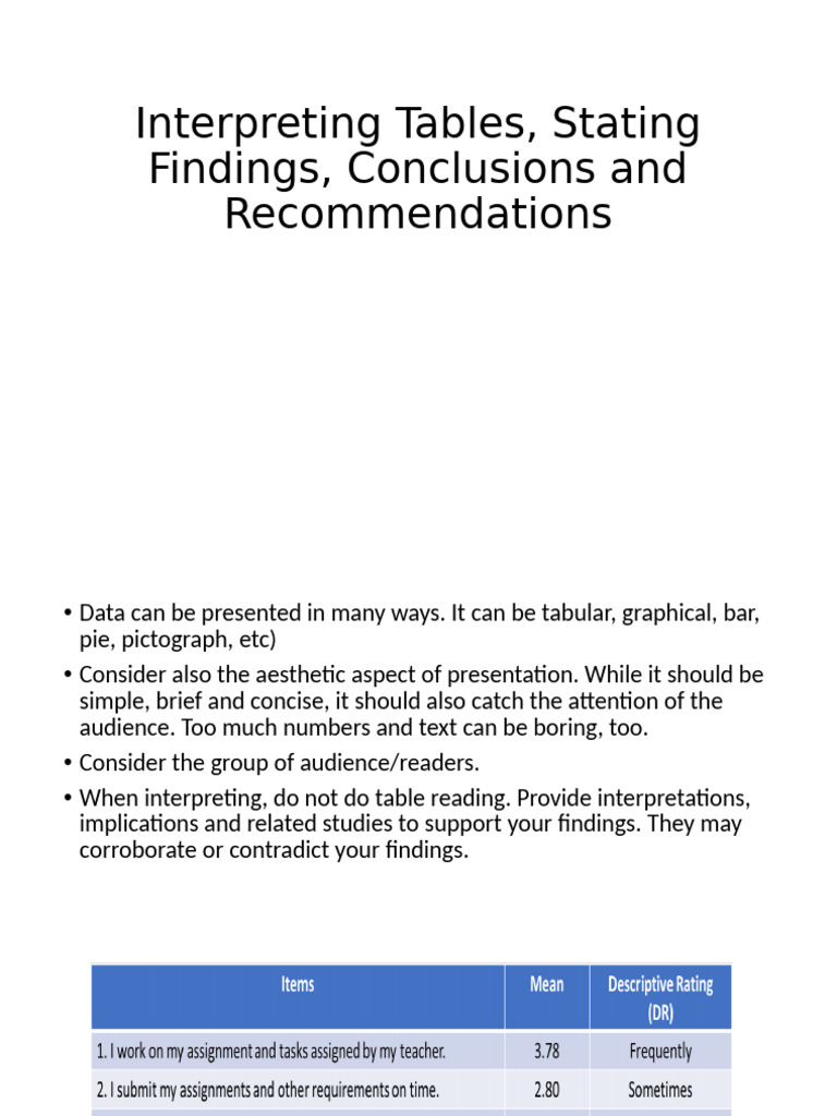 Interpreting Tables Stating Findings Conclusions and Recommendations ...