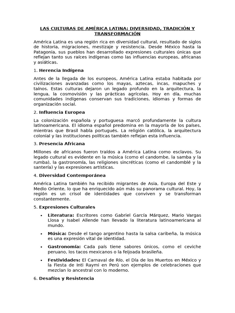 Culturas de América Latina: Diversidad y Legado | PDF | America latina ...