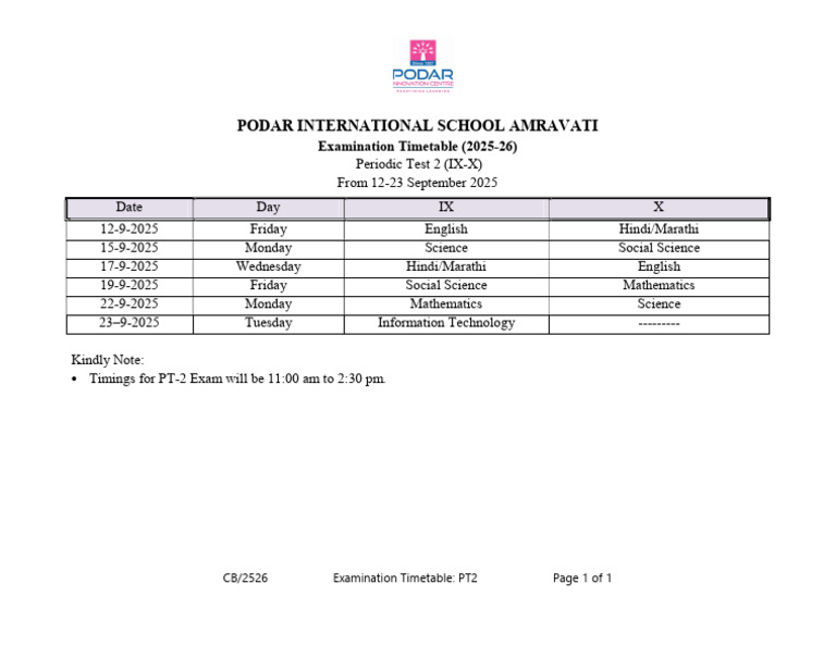 PT-2 Time Table, 2025-26 | PDF