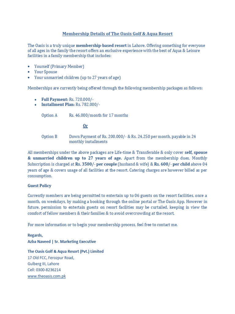 Oasis Golf Resort Membership Details | PDF