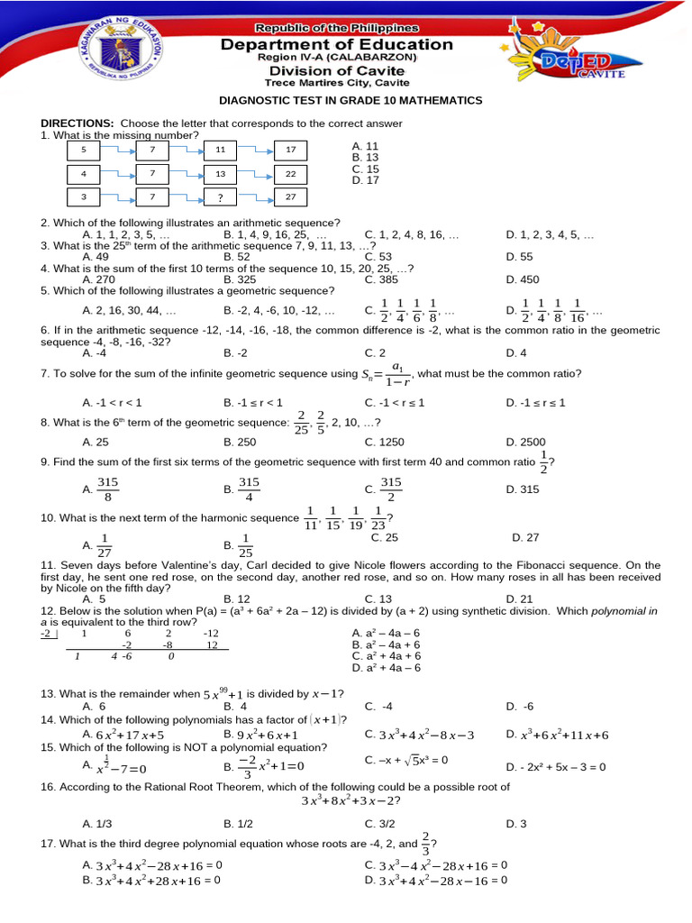 Diagnostic Test Grade 10 Mathematics Edited2 | PDF | Mathematical ...