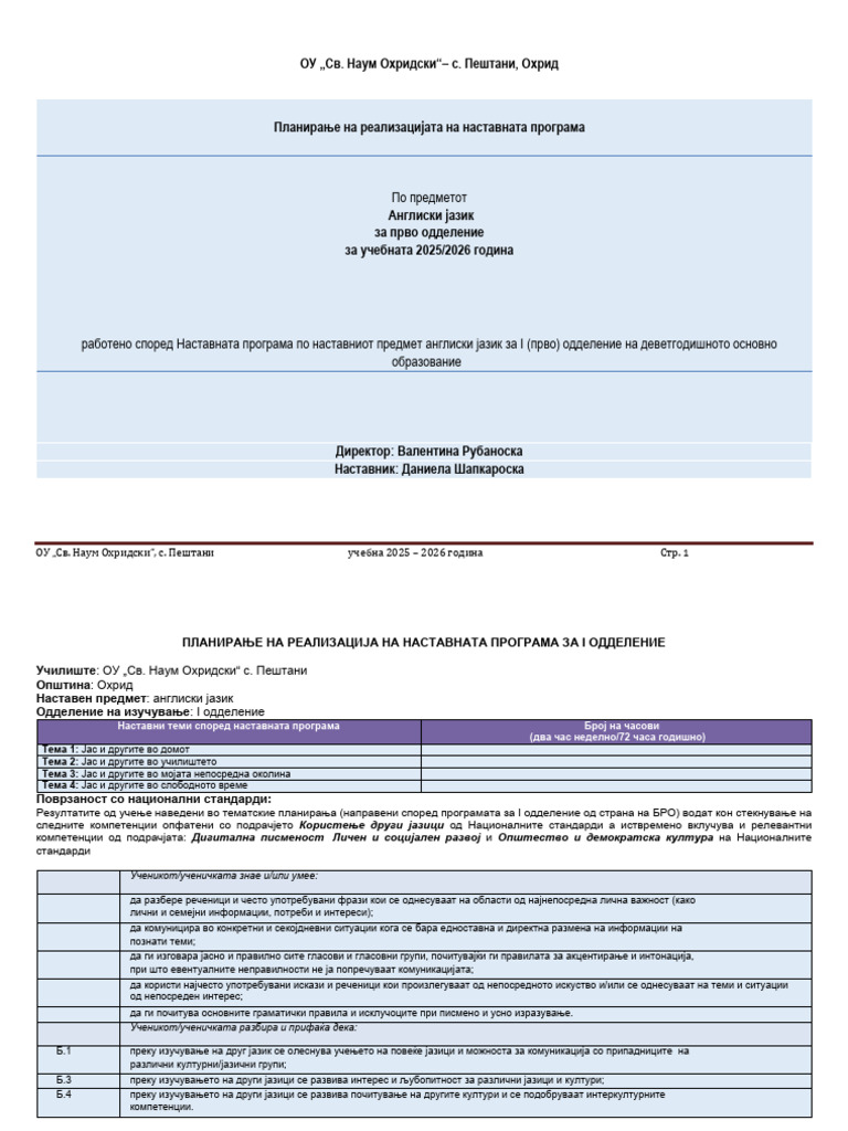 1-Planiranje Na Realizacija Na Nastavnata Programa I Odd | PDF