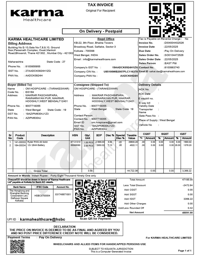 Karma Invoice - Ryder 30 Solid, For Techno Director W.B | PDF | Invoice ...