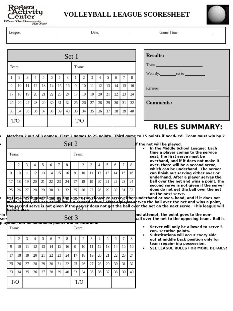 Volleyball League Scoresheet | PDF | Volleyball | Summer Olympic Sports