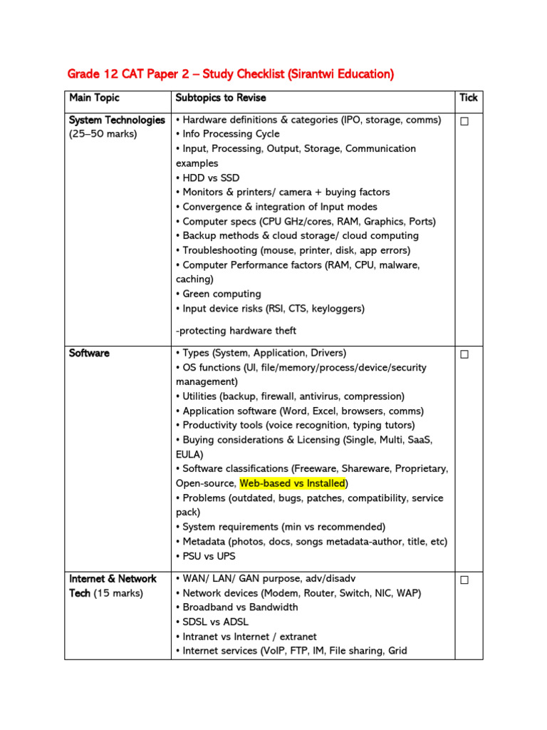 Grade 12 CAT Paper 2 Study Checklist | PDF | Computer Data Storage ...