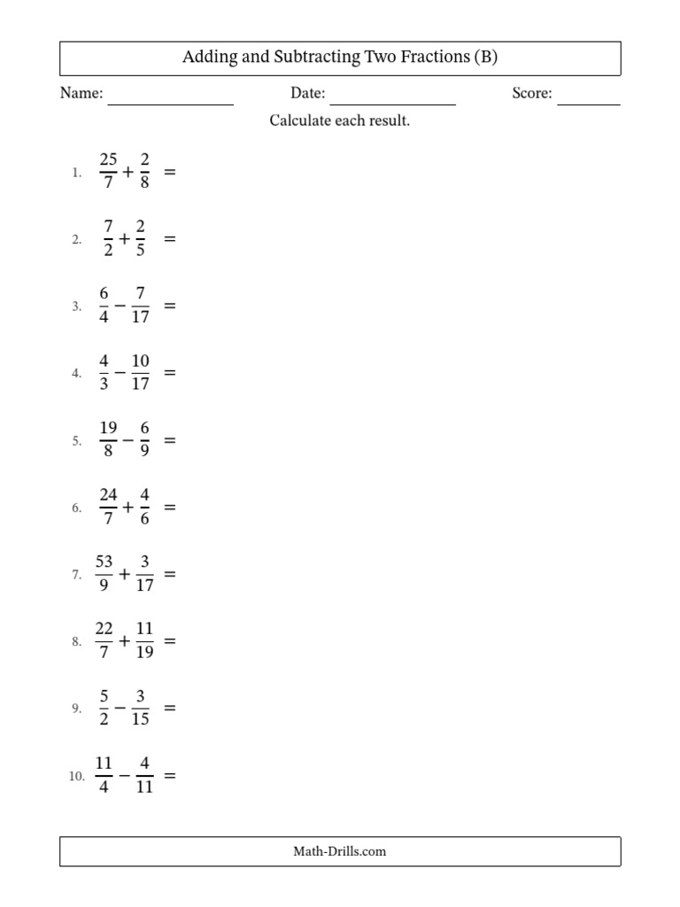 Fractions Operations 01 Non Fillable 05 Addition Subtraction 02 ...