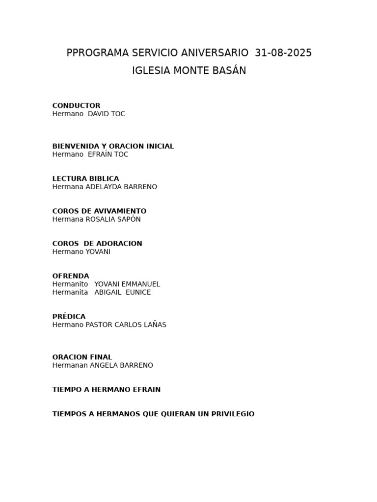 Programa Aniversario Iglesia Monte Basán | PDF
