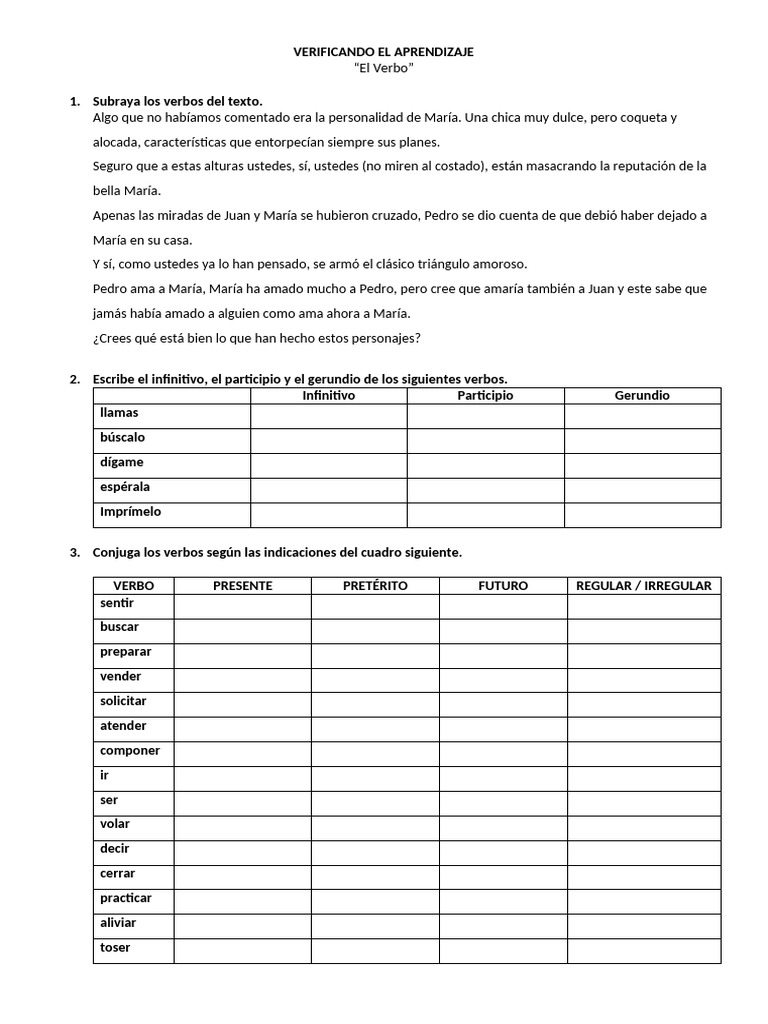 Verbo: Ejercicios de Aprendizaje Gramatical | PDF