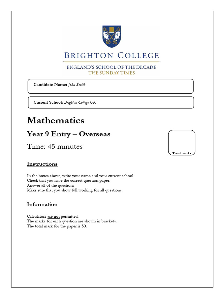 Y9 Maths - Exemplar Paper | PDF