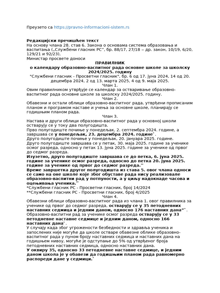 Pravilnik o Kalendaru OS 2024 - 2025. 6 - 2024 1 14 - 2024 1 2 - 2025 1 ...