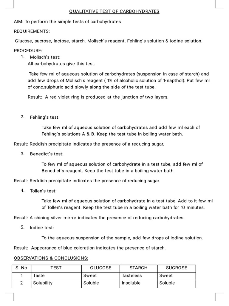 Carbohydrate Qualitative Testing Methods | PDF