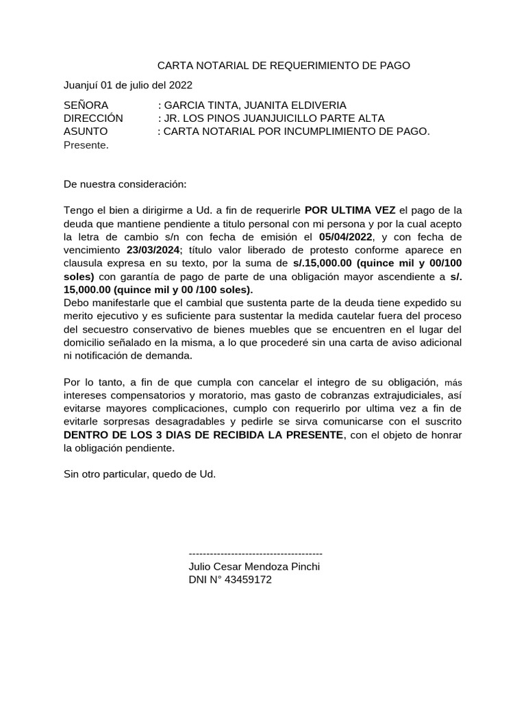 Carta Notarial de Requerimiento de Pago | PDF