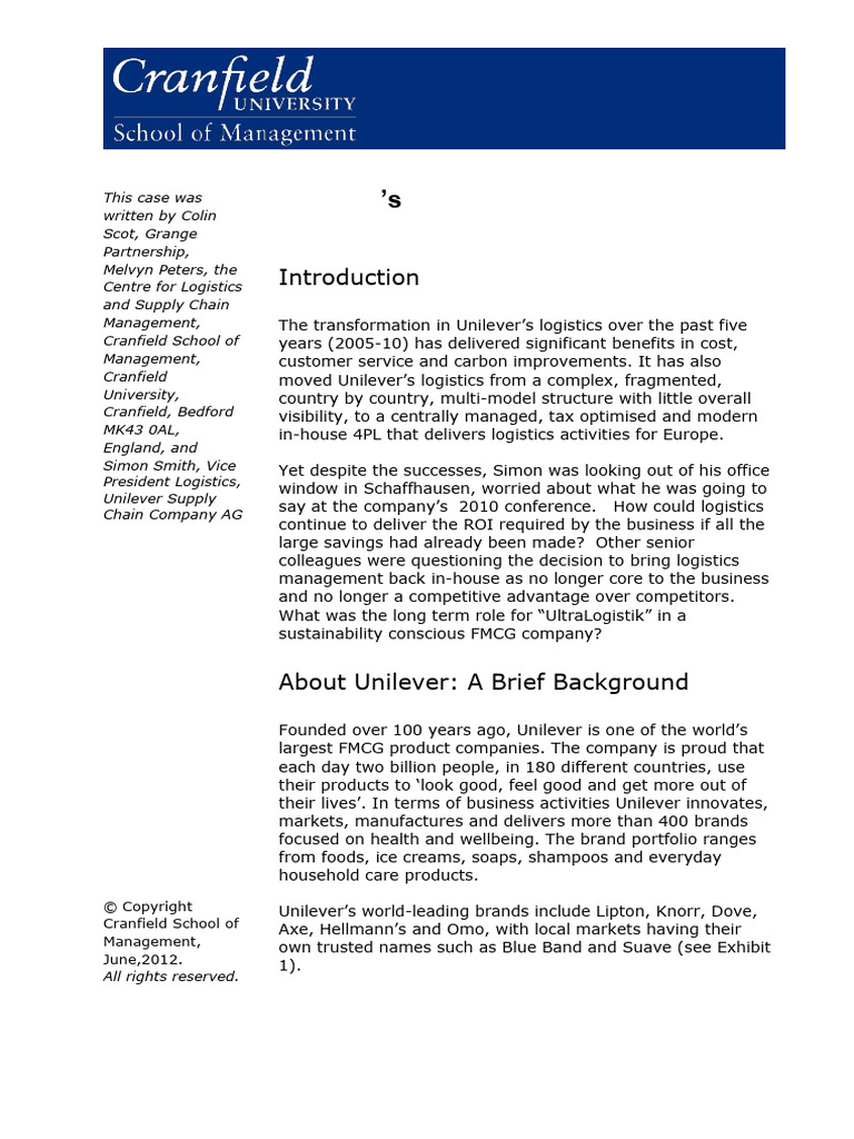 Unilever Logistics Case 1docx | PDF | Logistics | Warehouse