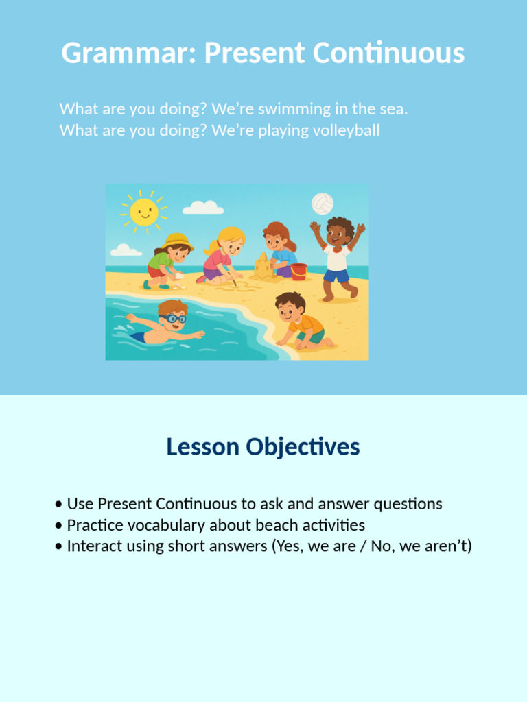 Present Continuous: Beach Activities Guide | PDF