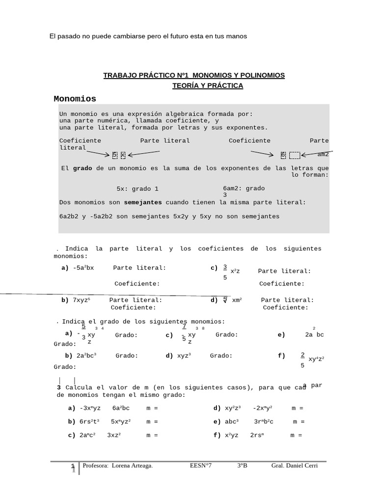 TP-No-1 - Monomios-y-Polinomios - Teoria-y-Practica 3B | PDF | División (Matemáticas) | Álgebra