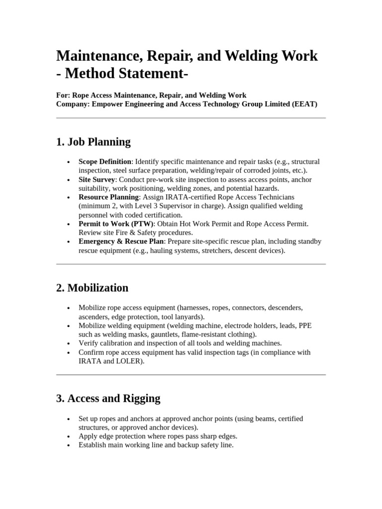 Maintenance, Repair, and Welding Work - Method Statement | PDF ...