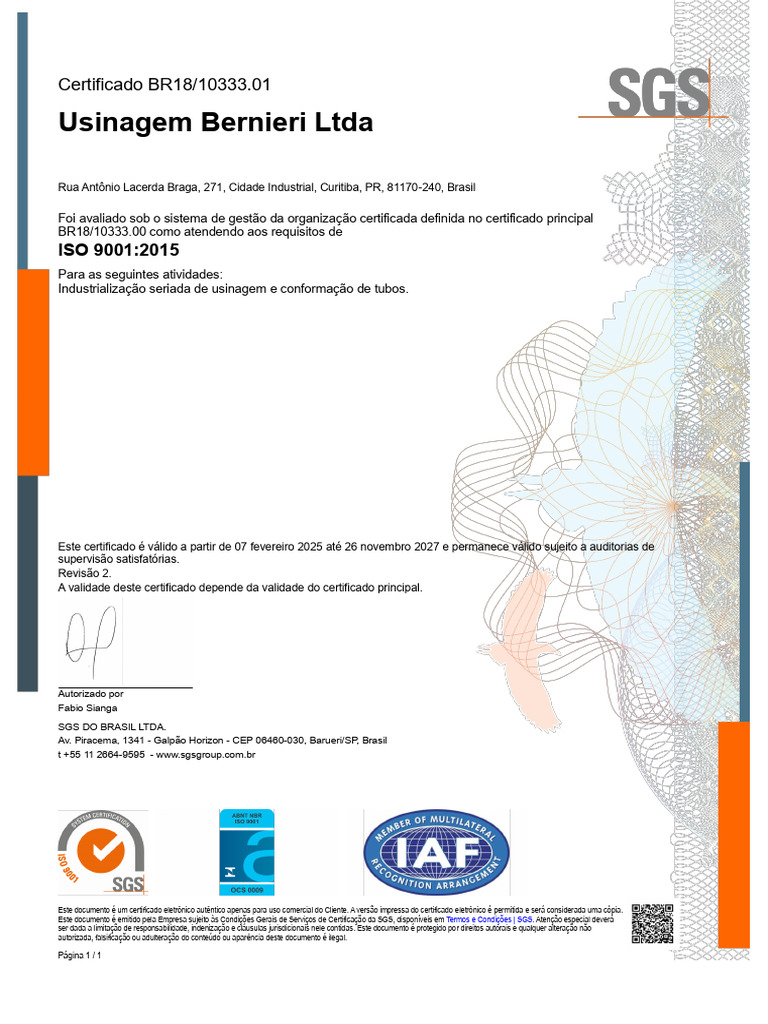 Certificado ISO 9001:2015 Usinagem Bernieri | PDF