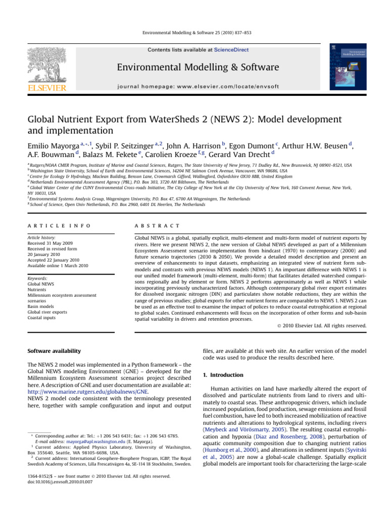 Global Nutrient Export From Watersheds 2 Model Development and ...