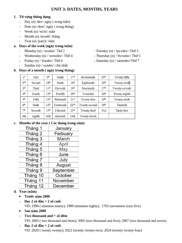 UNIT 3 - Dates, Months, Years | PDF