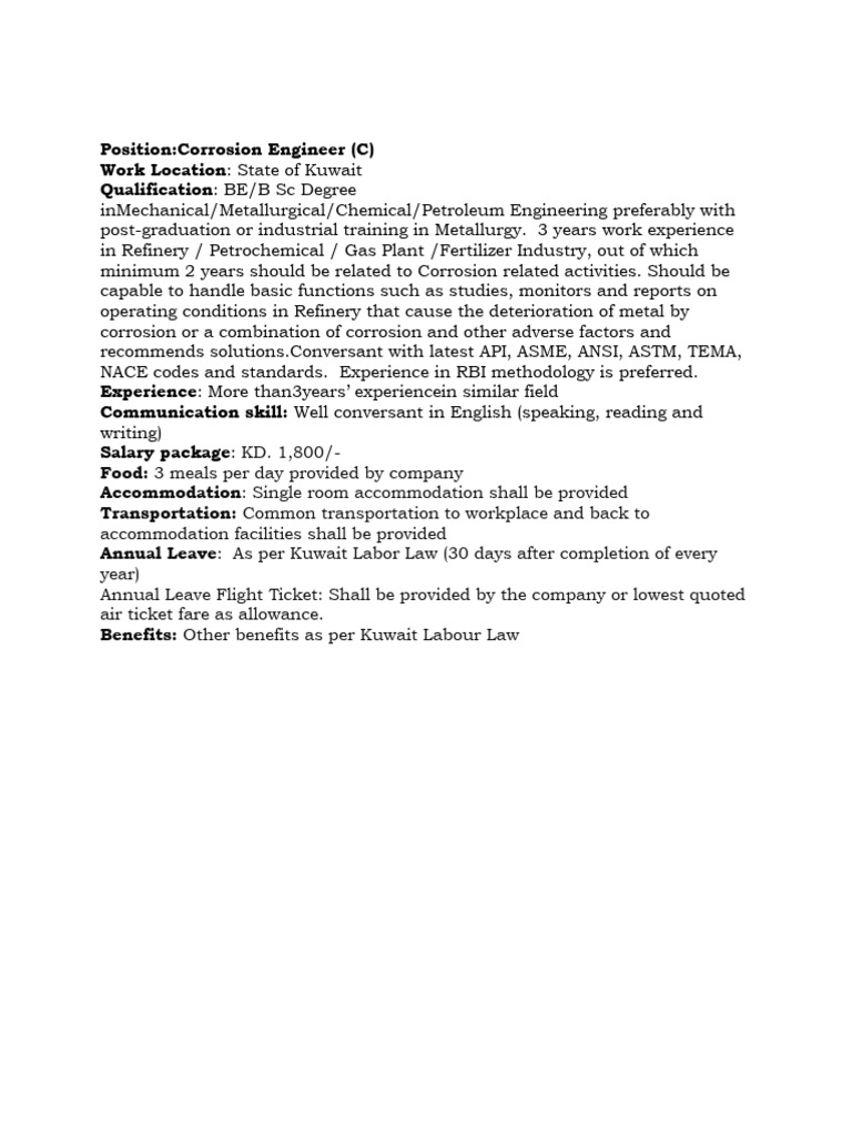 Corrosion Engineer Job in Kuwait | PDF