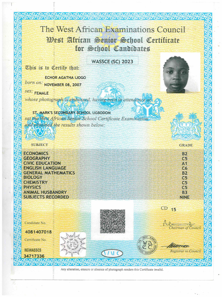 Agatha Waec Certificate | PDF
