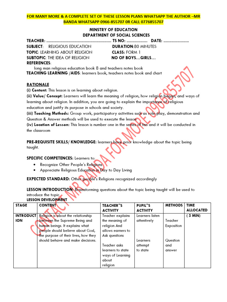 Form 1 Re Lesson Plans by Banda 0966855707 | PDF | God | Quran