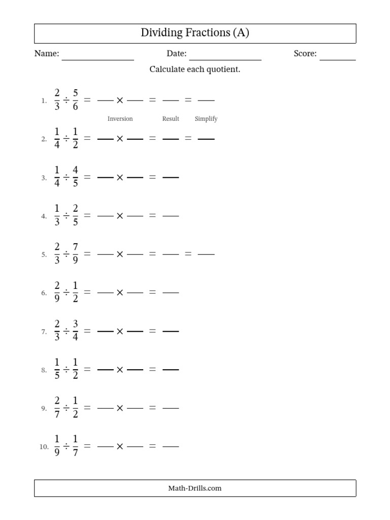 Dividing Fractions Worksheet (A) | PDF