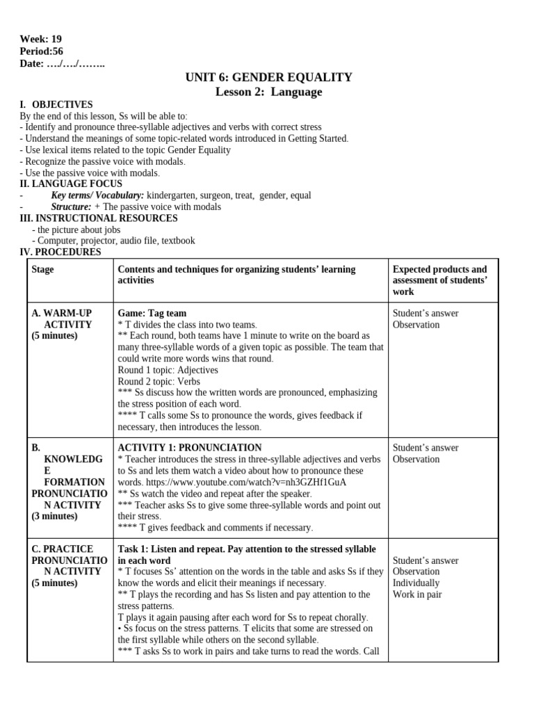 Gender Equality Language Lesson Plan | PDF | Stress (Linguistics) | Verb