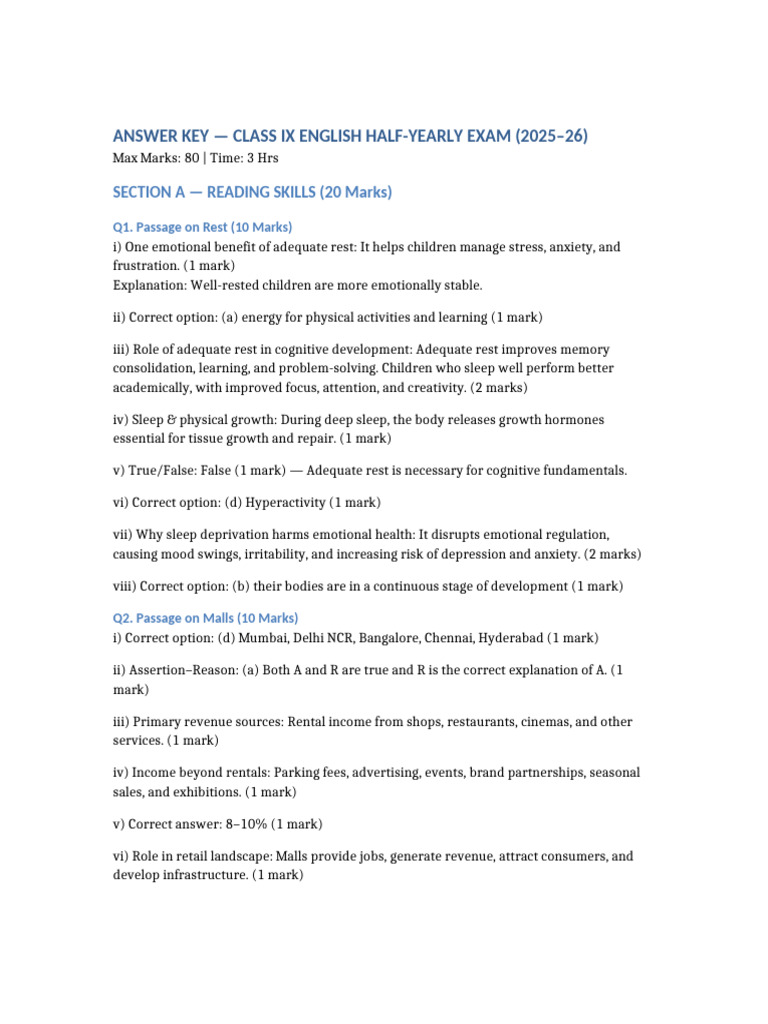 English Class9 AnswerKey-1 | PDF | Sleep | Anxiety