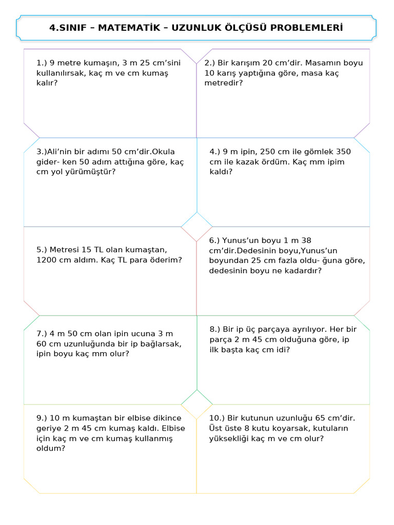 4 Sinif Matematik Uzunluk Olcusu Problemleri | PDF